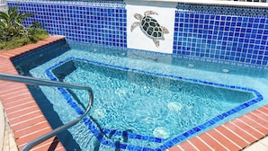 Uma piscina retangular com azulejos de mosaico azul e um mural de tartaruga na parede.