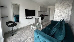 Uma sala de estar moderna com um sofá, uma TV, uma cozinha e uma área de jantar.