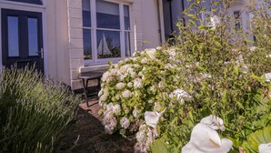 Um edifício branco com porta e janelas pretas, um banco e um jardim com flores brancas e plantas verdes.