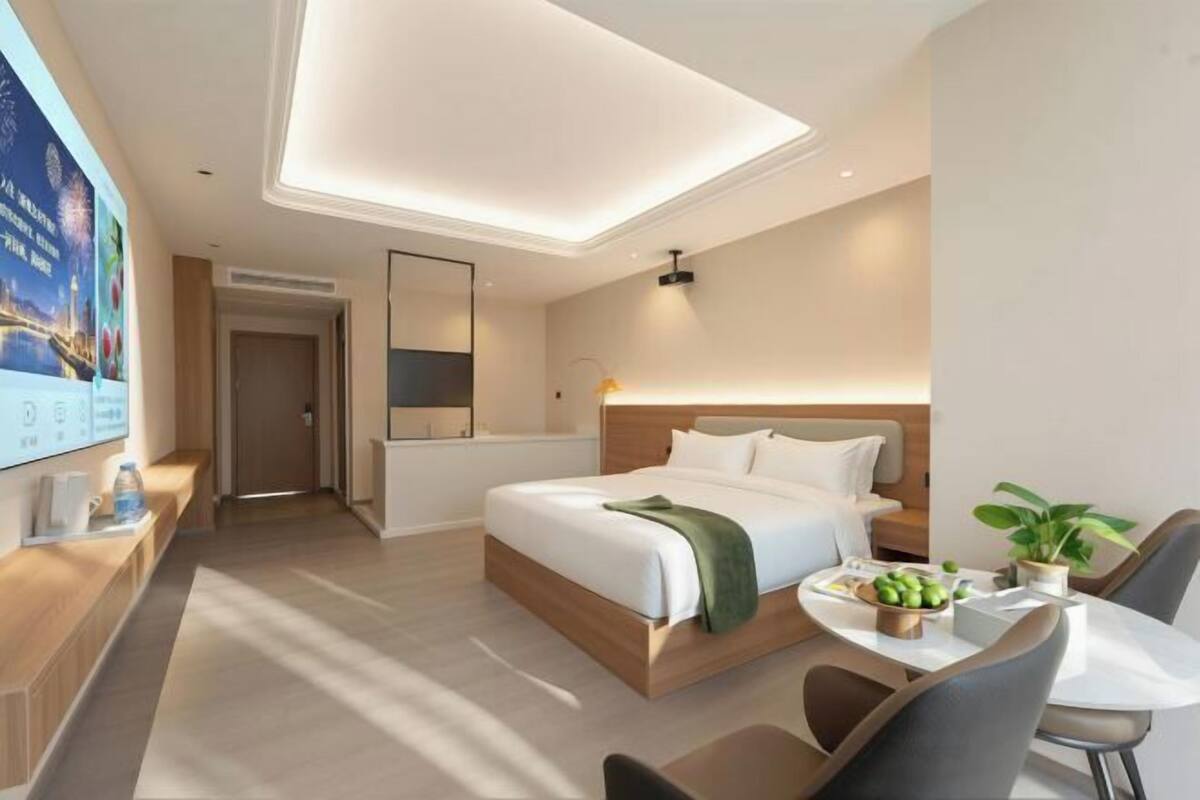 Quarto de hotel moderno com uma cama grande, uma escrivaninha, uma cadeira, uma televisão e uma planta.