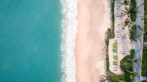 Vista aérea de uma praia com uma fileira de cadeiras e guarda-sóis, um caminho e palmeiras.