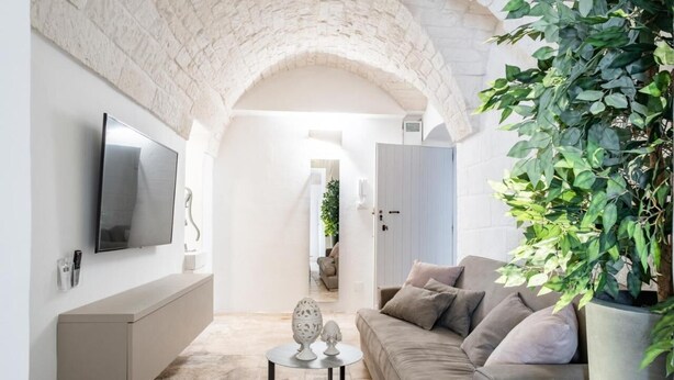 Uma sala de estar moderna com um arco de pedra, uma TV de tela plana na parede, um sofá cinza com almofadas, uma pequena mesa redonda com objetos decorativos e uma planta grande em vaso.