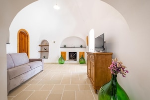 Uma sala de estar com sofá, armário, televisão e lareira.