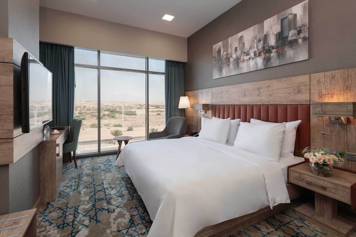 Quarto de hotel com uma cama grande, televisão, escrivaninha e uma cadeira. Há uma janela com vista para o deserto.