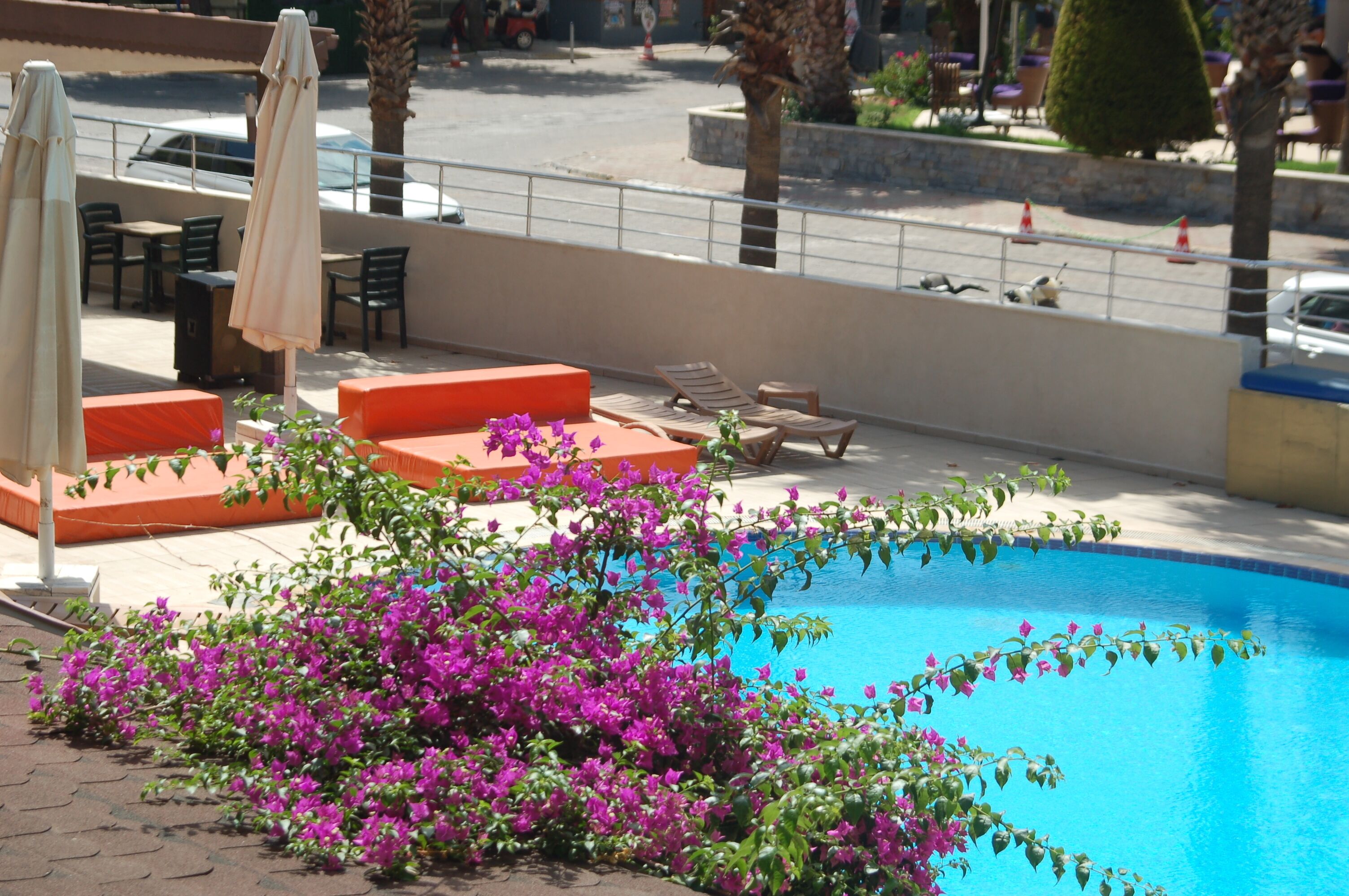 Área de piscina com assentos laranja e um canteiro de flores.