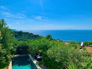 Piscina rodeada por vegetação exuberante, com vista para a costa, o mar e montanhas ao longe.