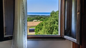 Uma janela com vista para a paisagem costeira, incluindo árvores e um mar distante.