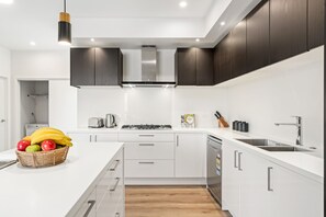 Duplex | Cozinha privada | Geladeira grande, micro-ondas, fogão, cooktop
