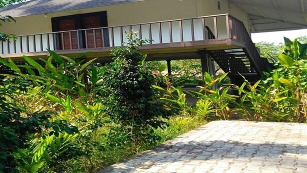 Uma casa de dois andares com varanda, rodeada por vegetação exuberante.