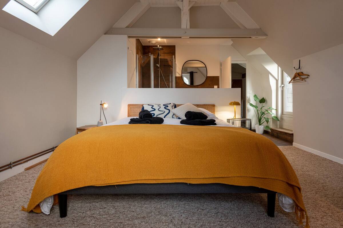 Quarto com cama grande, claraboia, espelho e planta em vaso.