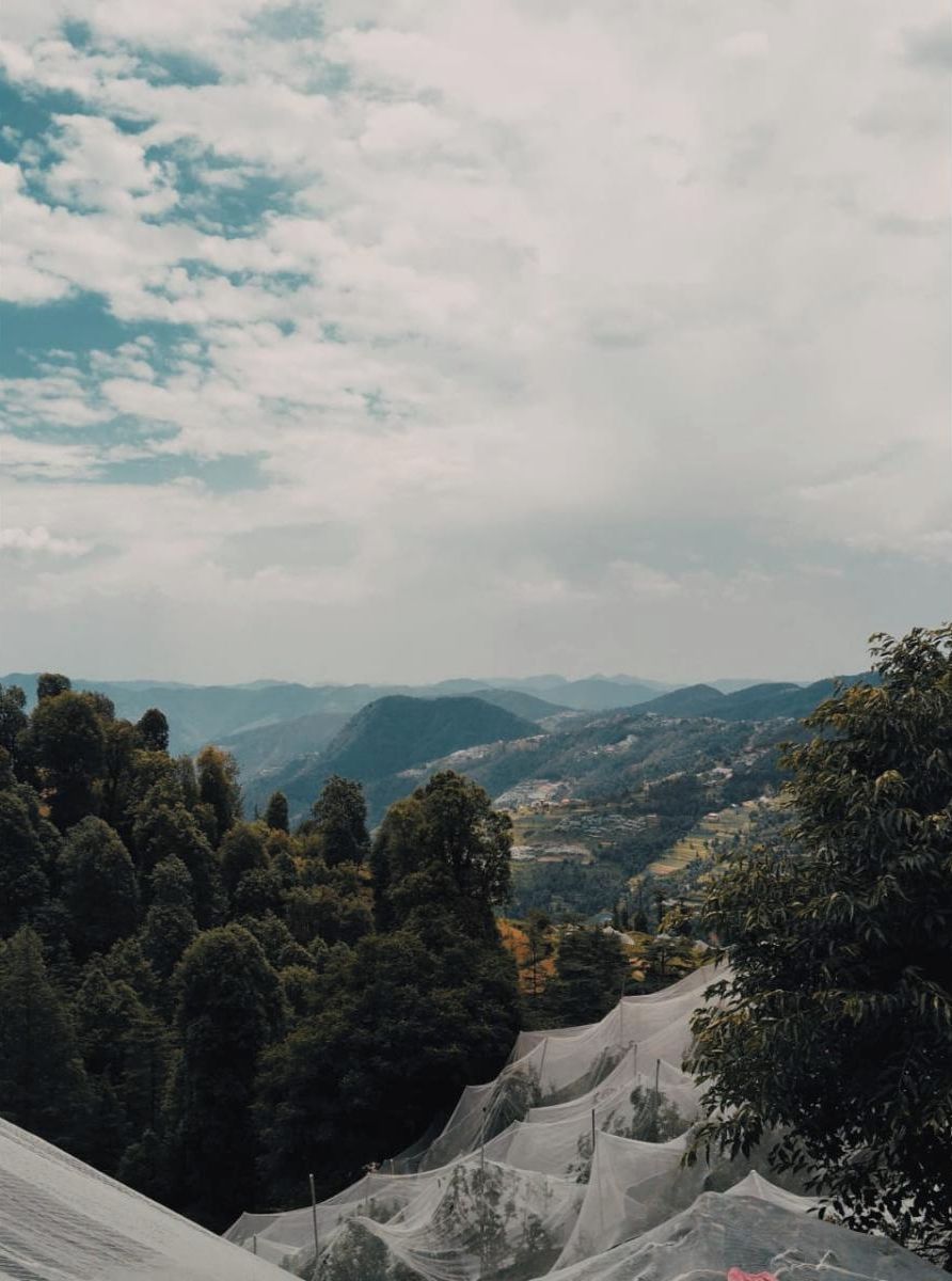 Paisagem montanhosa com florestas densas e céu limpo.