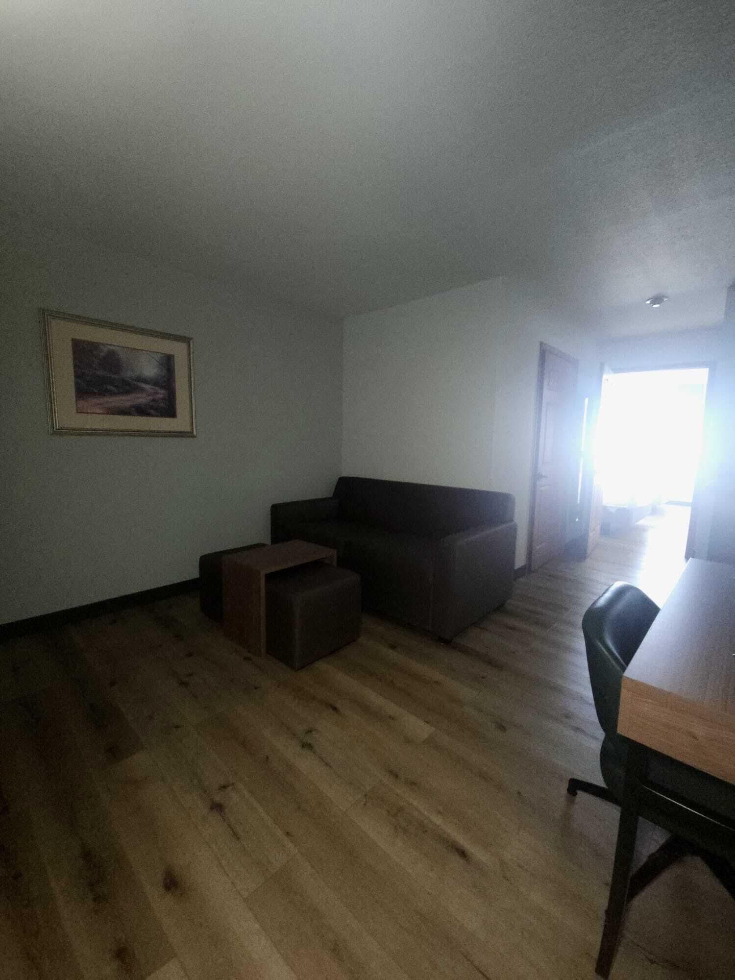 Uma sala de estar com sofá, puf e um quadro na parede.