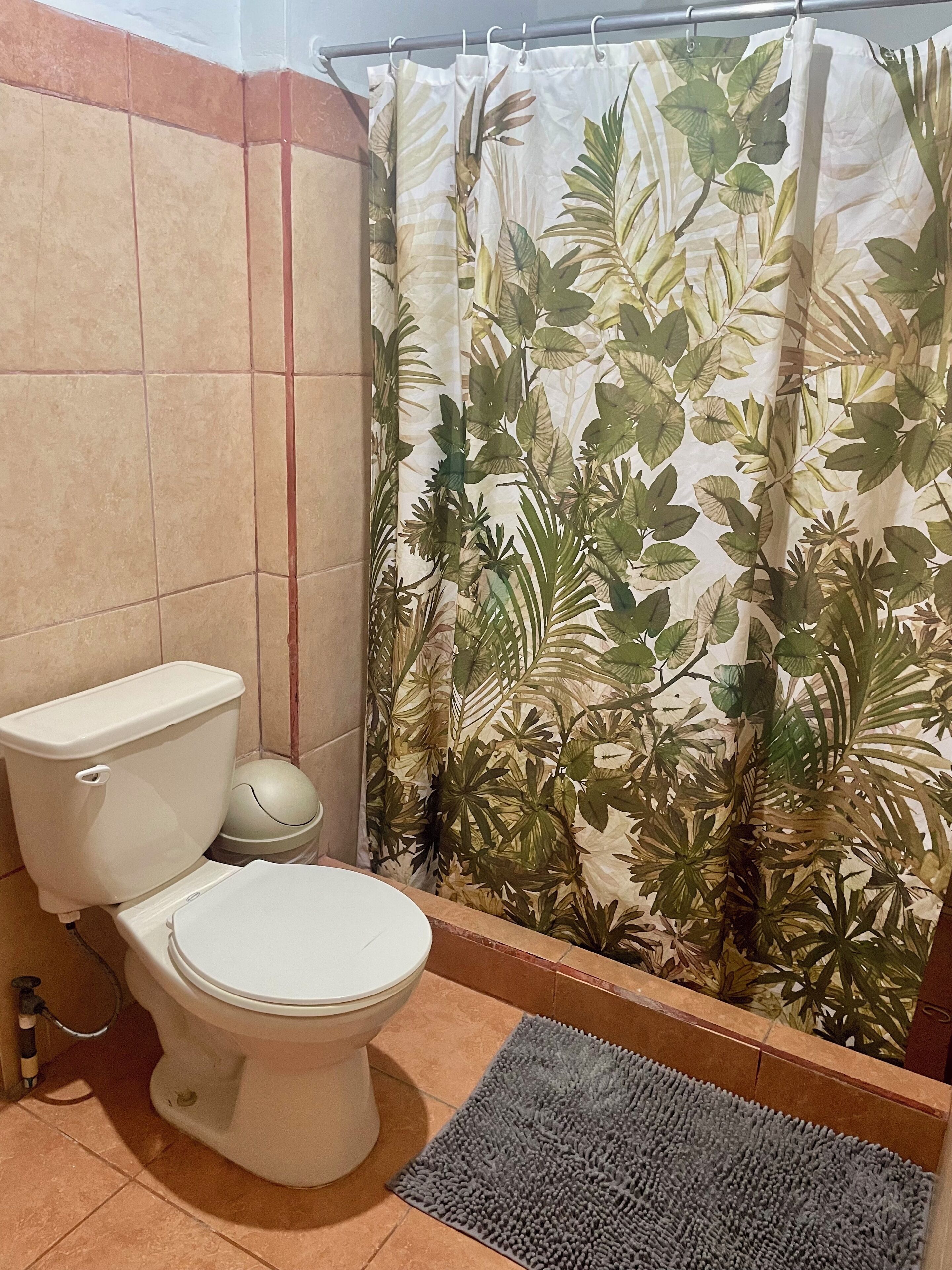Casa de banho com sanita, bidé e cortina de chuveiro com padrão de folha tropical.