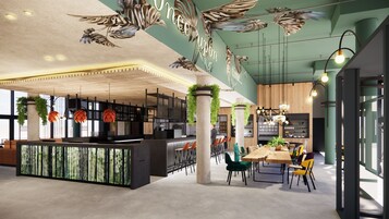 Um interior moderno com área de bar central, espaços de assento e detalhes decorativos no teto.