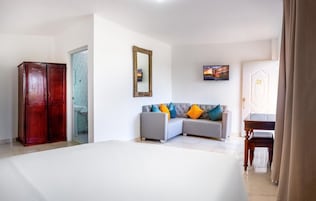 Um quarto com cama, sofá cinza com almofadas coloridas, guarda-roupa de madeira, televisão e porta com o número 20.