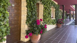 Um edifício com porta marrom, parede de pedra e galeria coberta com plantas em vasos.