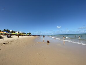 Uma praia com pessoas nadando e caminhando pela orla, e guarda-sóis coloridos para proteção do sol.