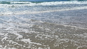 Uma praia com ondas chegando à costa.