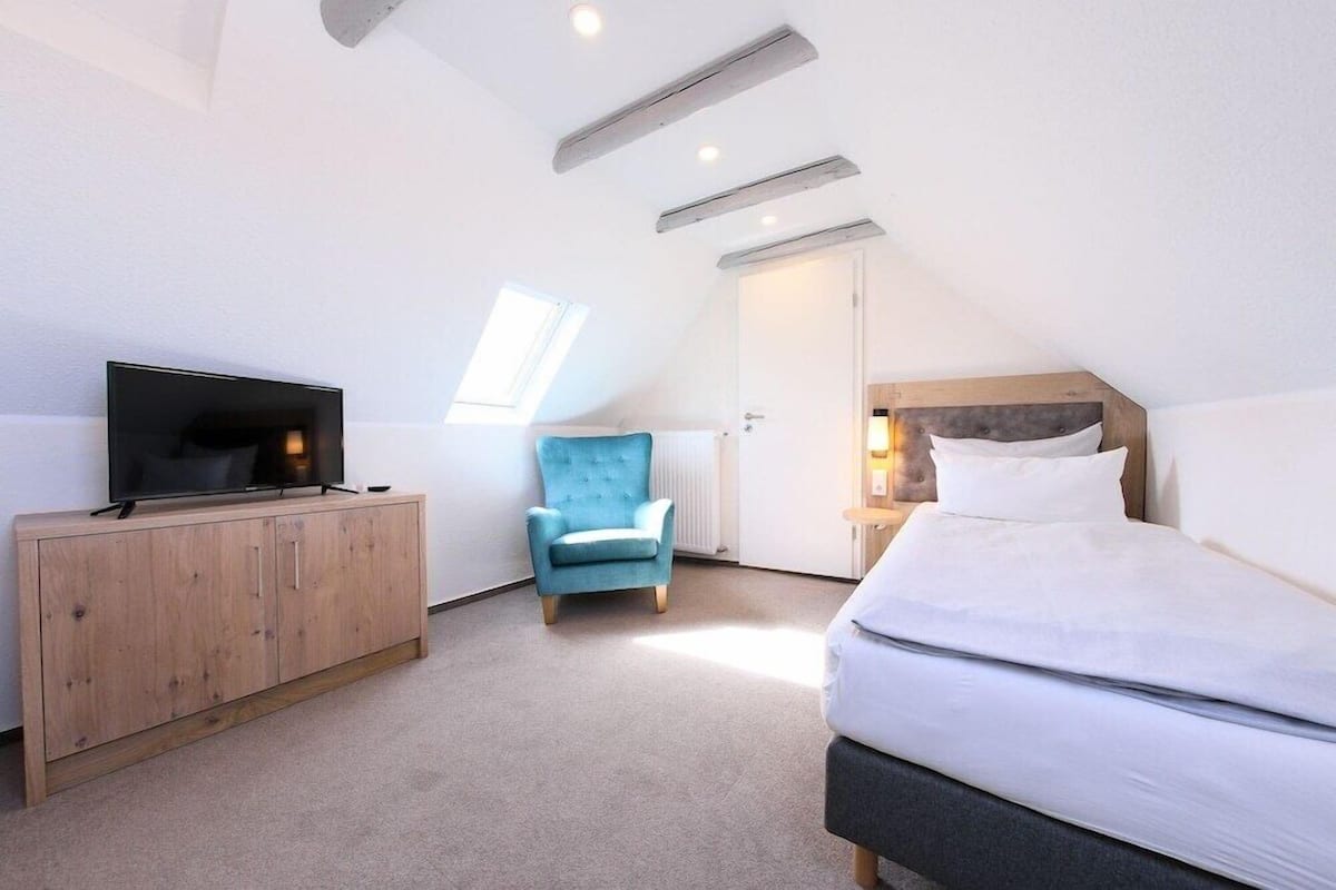 Quarto com cama, televisão sobre um armário de madeira, uma cadeira azul e um claraboia.