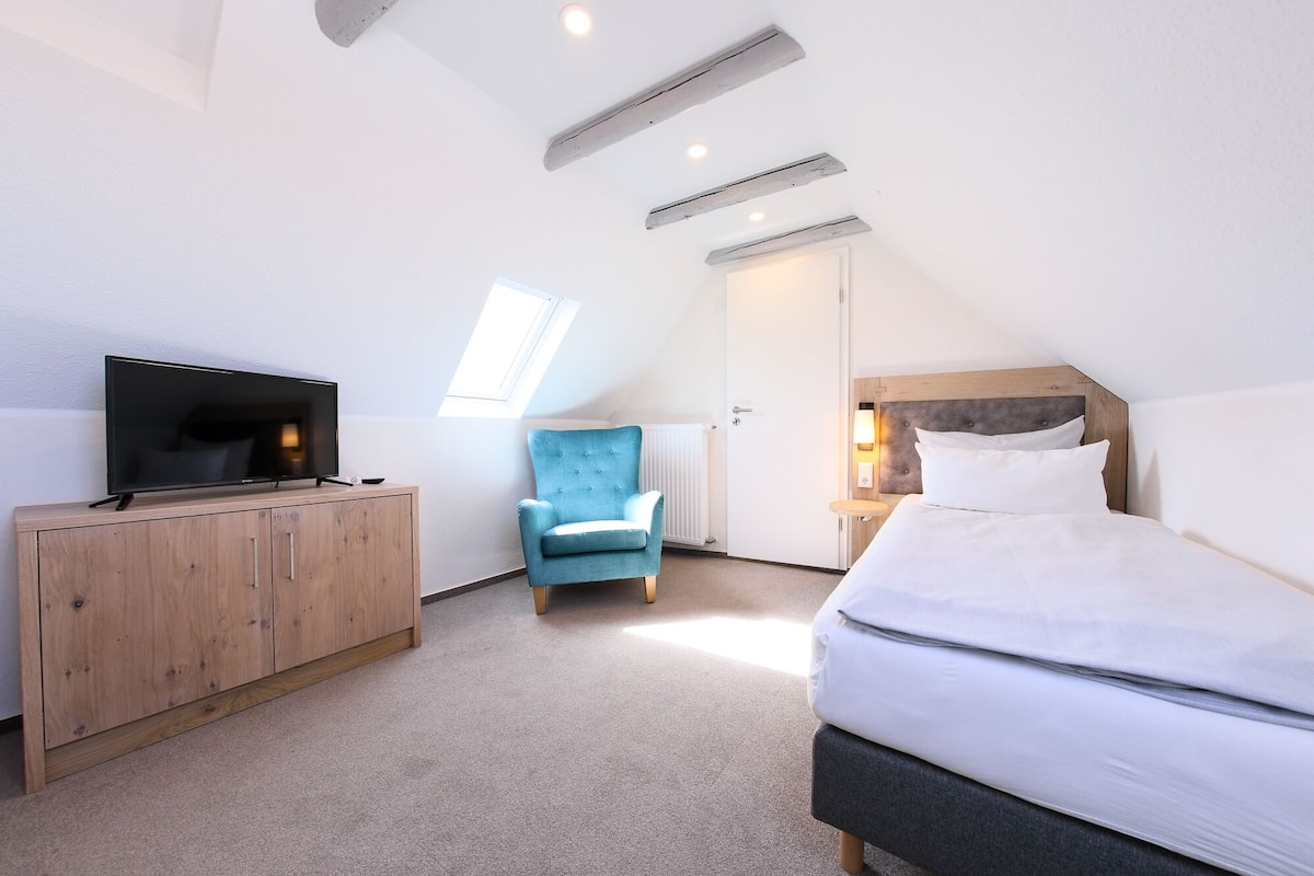 Quarto com cama, televisão sobre um armário de madeira, poltrona azul e claraboia.