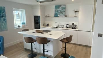 Apartamento, 1 cama king-size | Cozinha privada | Um frigorífico, um micro-ondas, um forno, uma placa de cozinha