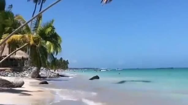 Uma praia com águas turquesa cristalinas, palmeiras e uma cabana com teto de palha.