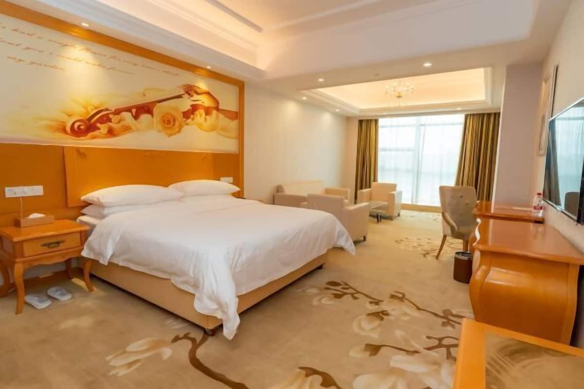 Quarto de hotel com uma cama grande, uma escrivaninha, uma cadeira, uma TV e um mural decorativo na parede.