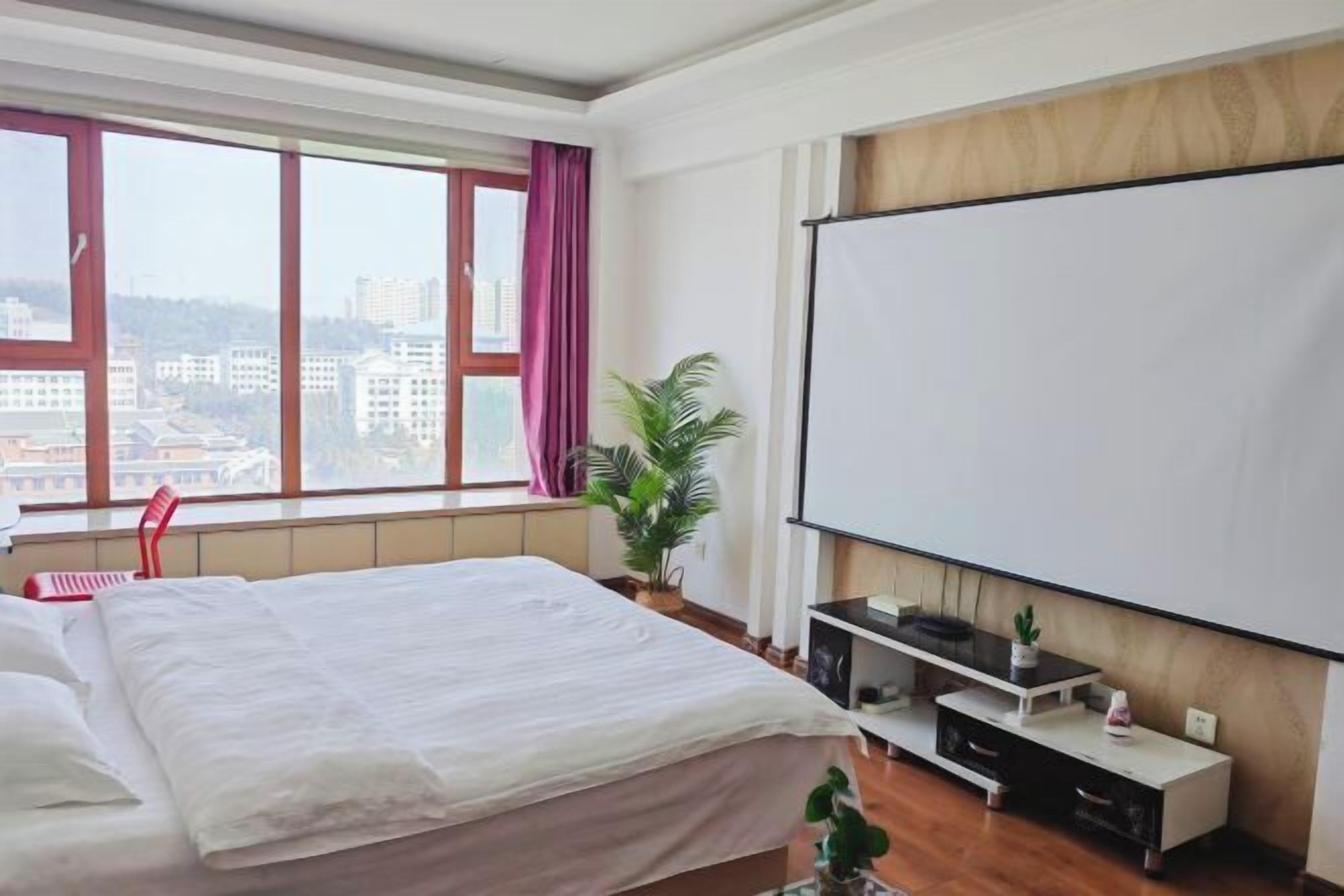 Quarto de hotel com uma cama, uma janela grande com vista para prédios, uma planta e uma televisão.