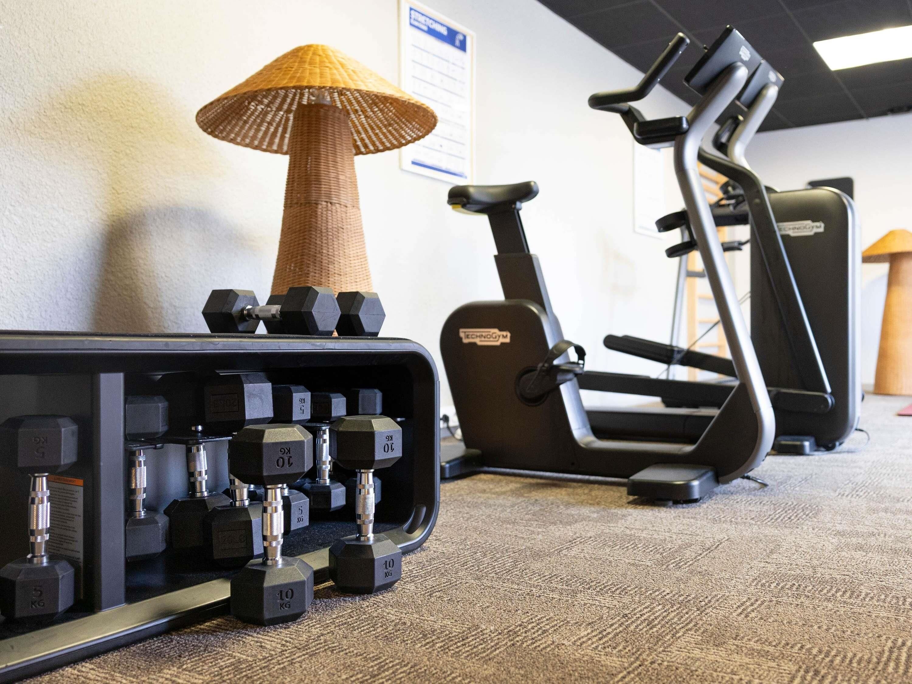 Uma academia com equipamentos de ginástica, incluindo halteres e esteira.