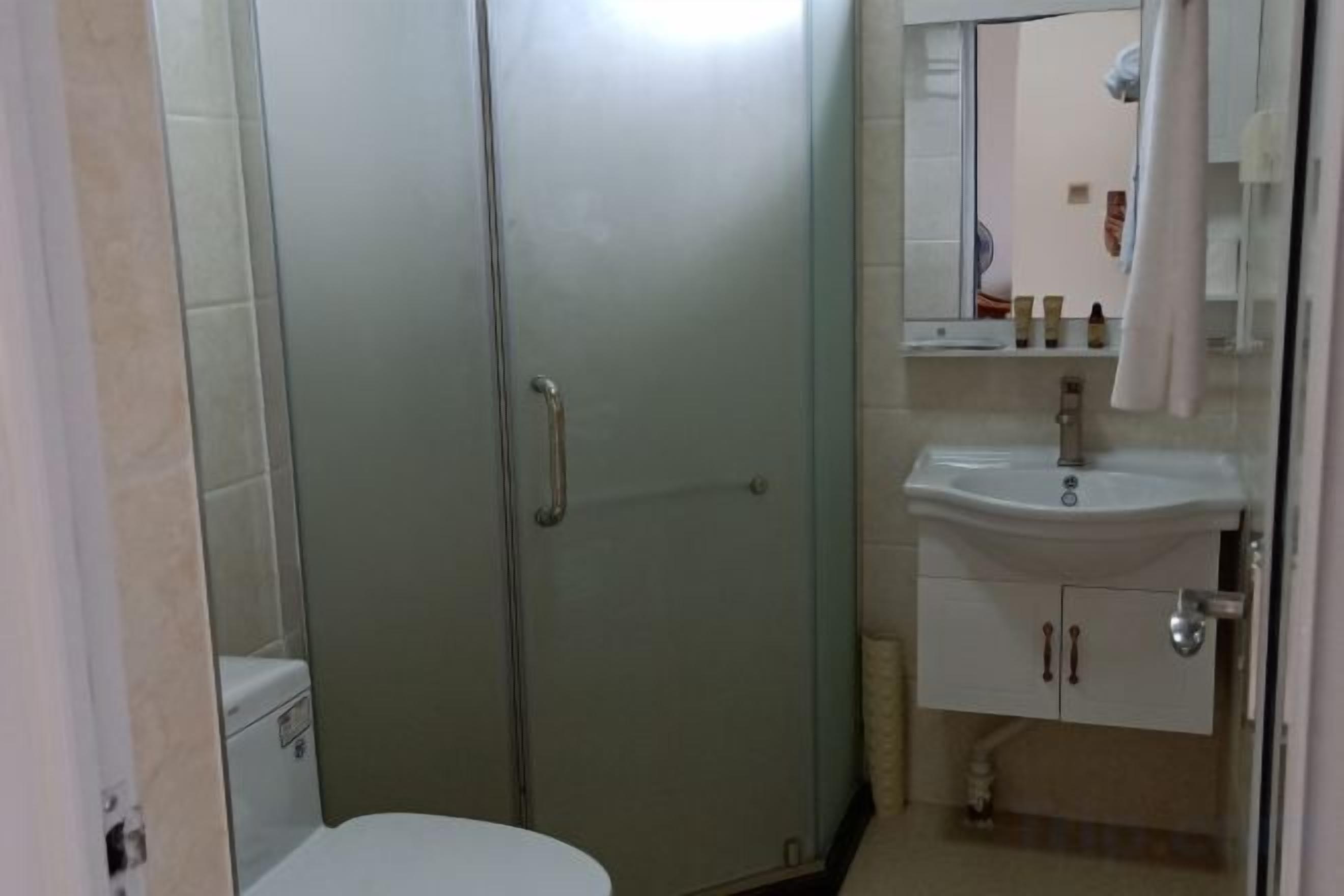 Casa de banho com chuveiro em cabine de vidro, lavatório branco e espelho sobre o lavatório.