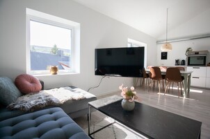 Apartamento Executivo | Sala de estar | Smart TV de 50 polegadas com canais digitais, televisor 