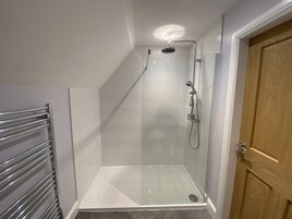 Chuveiro moderno com porta de vidro, porta de madeira à direita e porta-toalhas de metal à esquerda.