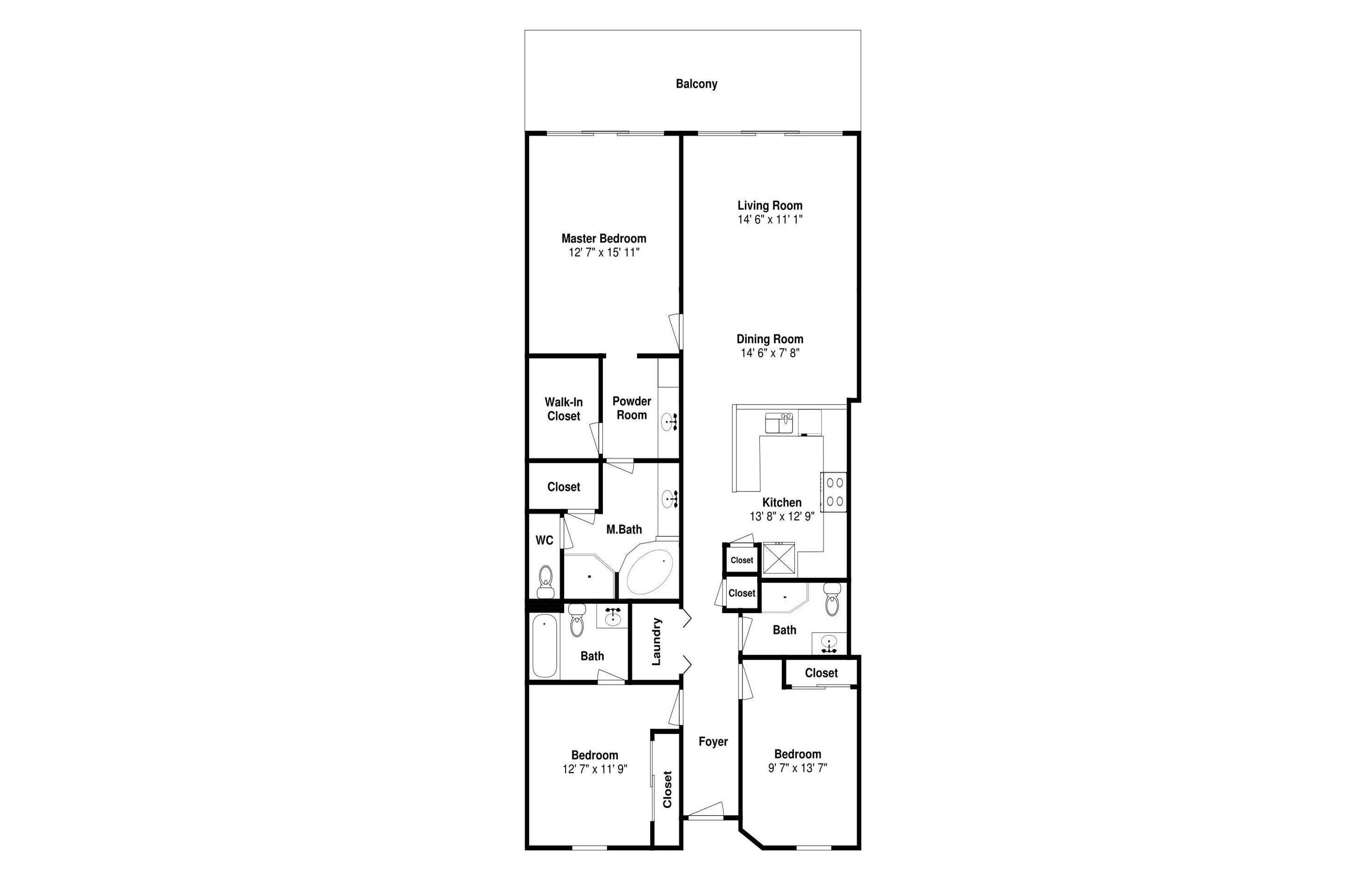 Planta baixa de um quarto de hotel com varanda, quarto principal, sala de estar, sala de jantar, cozinha, banheiro e dois quartos adicionais.
