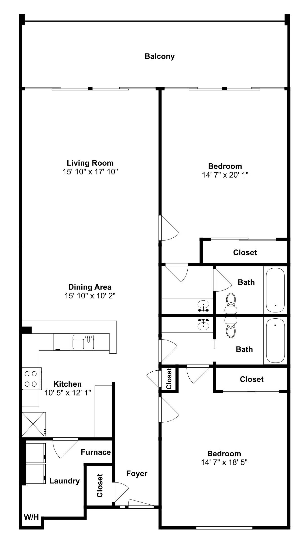 Planta baixa de uma casa com varanda, sala de estar, sala de jantar, cozinha, área de serviço, aquecedor e dois quartos.