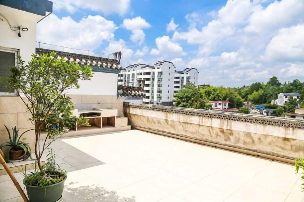 Terraço no telhado com plantas em vasos, piso de azulejos e vista para edifícios residenciais ao fundo.