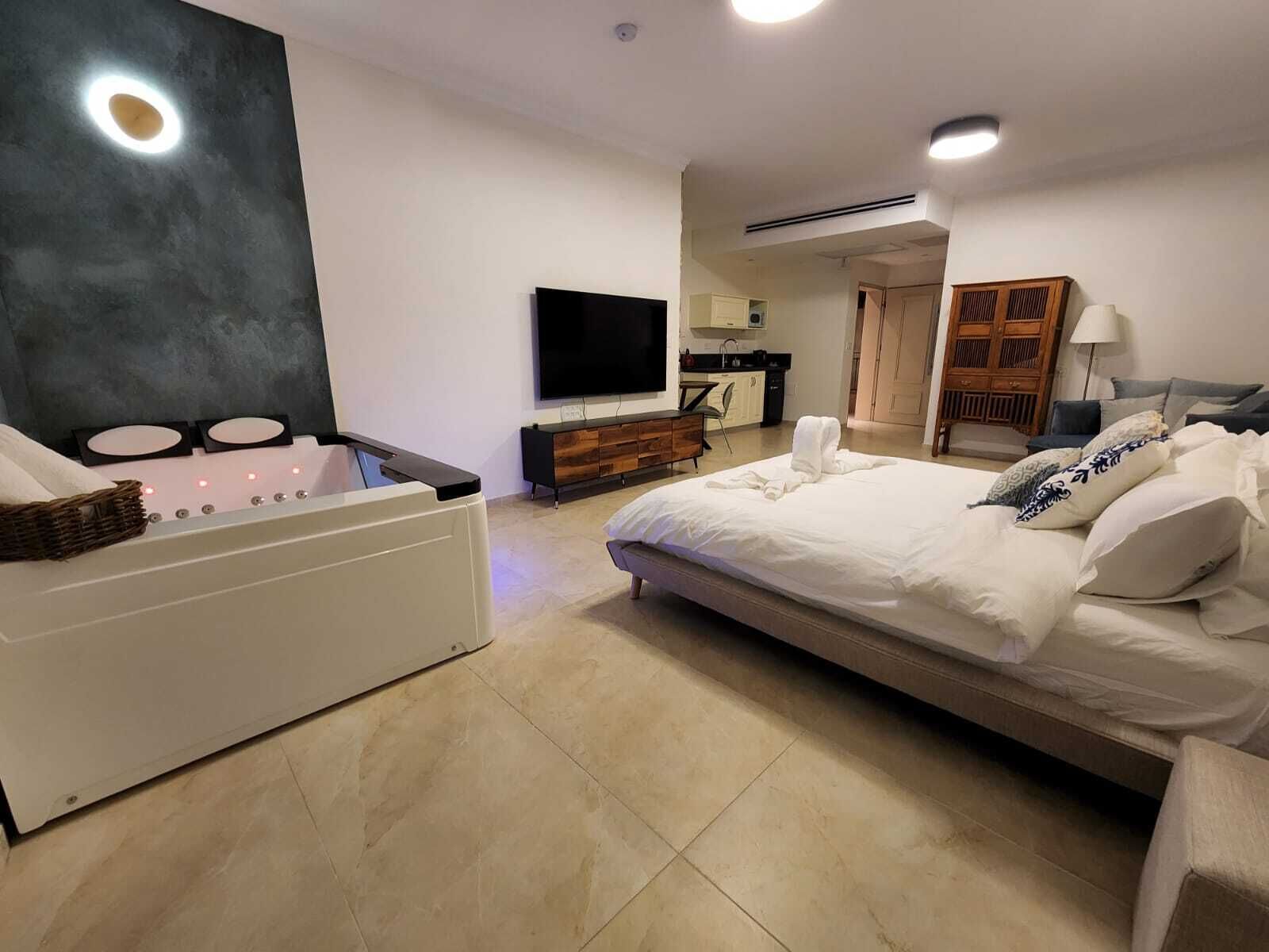 Quarto moderno com uma cama grande, banheira integrada, televisão de tela plana e guarda-roupa de madeira.