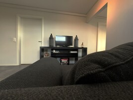 Uma sala de estar com um sofá escuro, uma televisão sobre um suporte preto e uma estante com diversos objetos.
