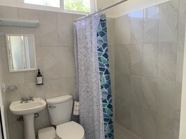 Apartamento Superior | Casa de banho | Um polibã, um secador de cabelo, toalhas fornecidas 