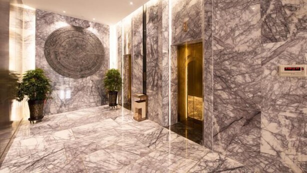 Um hall de entrada com piso de mármore, design circular nas paredes, plantas em vasos e um elevador dourado.
