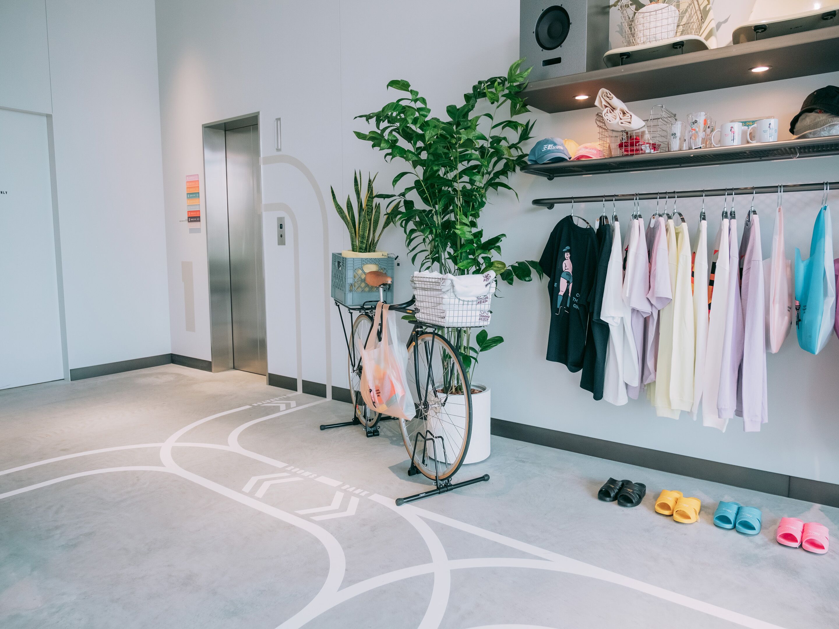 Decoração moderna com suporte para bicicleta, um vaso de planta e um cabideiro com diversas peças de roupa.