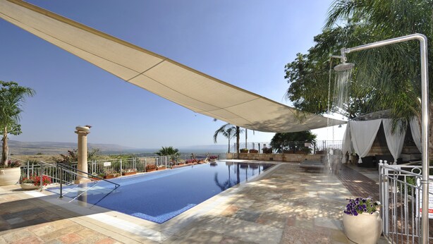 Piscina com vista para as montanhas, área de estar coberta e plantas em vasos.