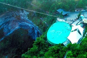 Uma grande piscina ao ar livre rodeada por vegetação exuberante e uma ponte suspensa.