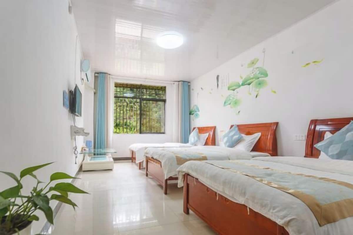 Quarto de hotel com duas camas de madeira, uma janela grande com cortinas, uma televisão de tela plana e uma prateleira fixada na parede.
