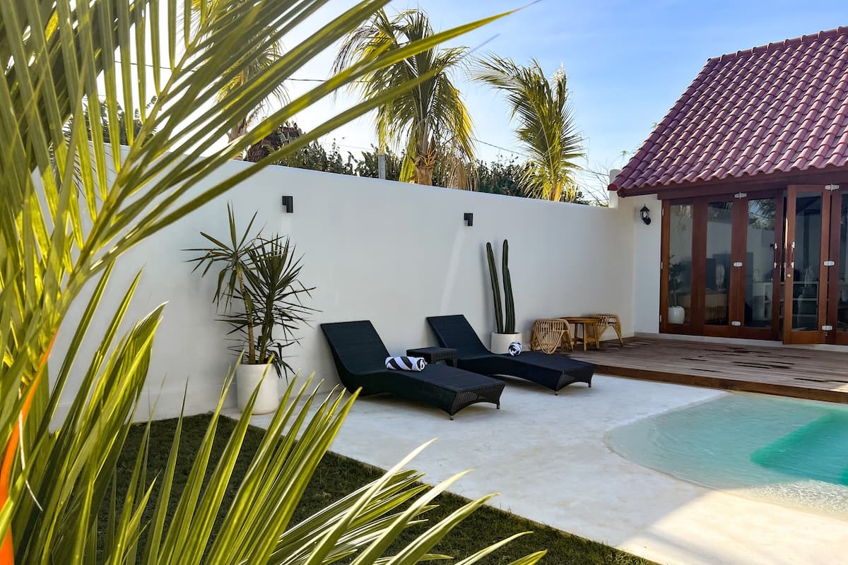 Área da piscina com espreguiçadeiras, uma mesinha e um vaso de planta.