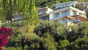 Um bairro residencial numa encosta com casas modernas, vegetação exuberante e céu azul límpido.