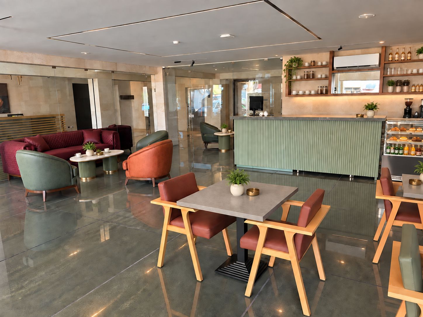 Decoração moderna com áreas de estar, um bar e um balcão de recepção.