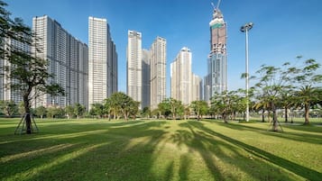 Um parque com o horizonte urbano ao fundo.