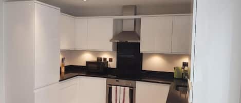 Apartamento | Um frigorífico, um micro-ondas, um forno, uma placa de cozinha