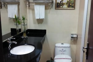 Casa de banho com lavatório preto, sanita e espelho.