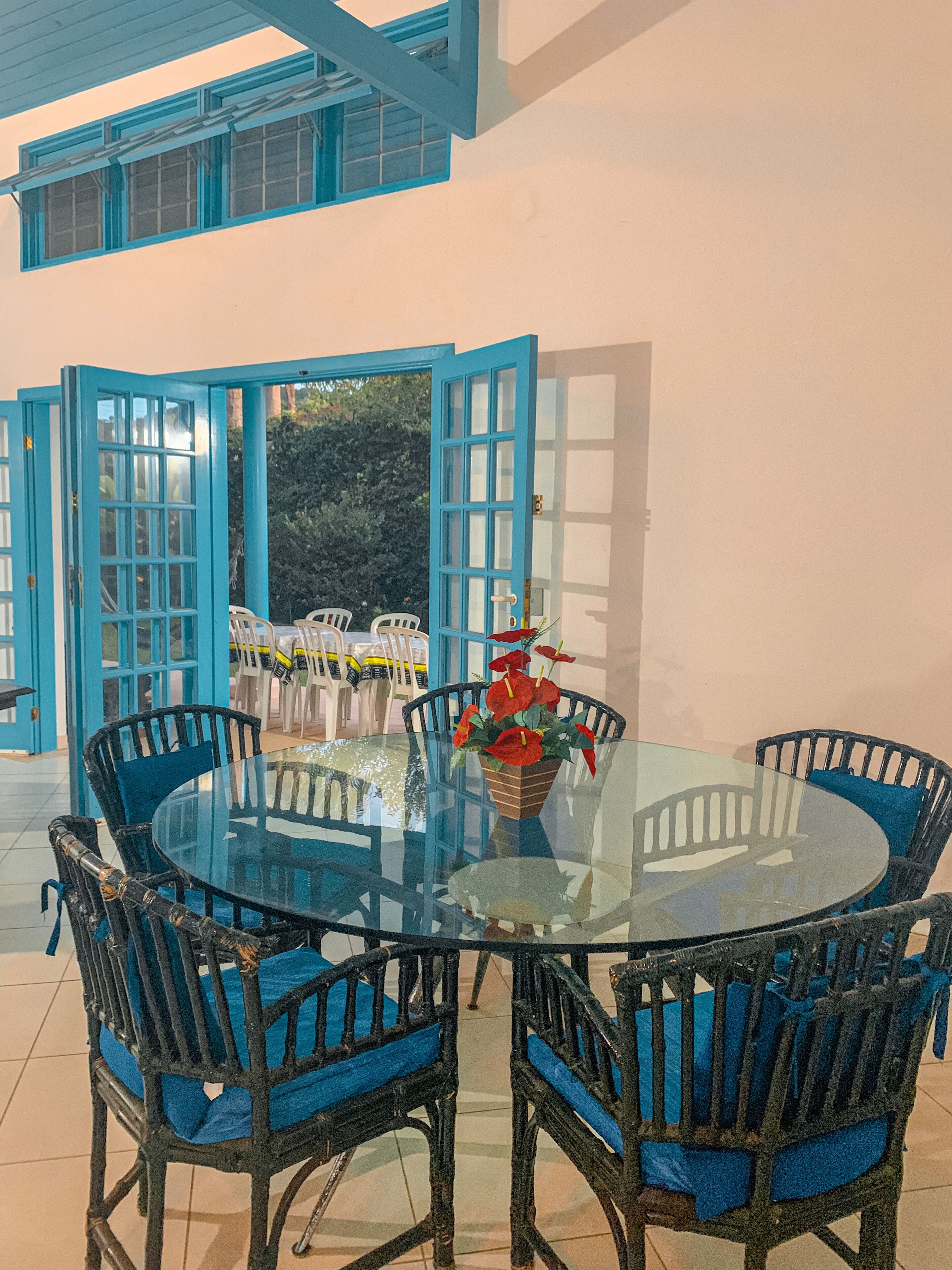 Uma mesa de vidro redonda com seis cadeiras, um vaso de planta e um marco de porta azul.